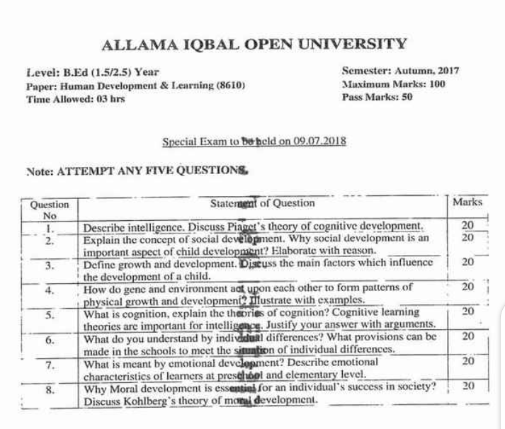 B Ed 8610 Past Papers The Engineering Knowledge